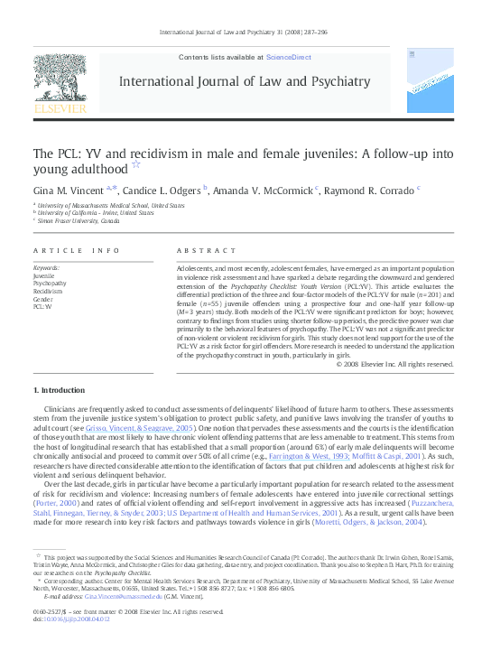 (PDF) The PCL: YV and recidivism in male and female juveniles: A follow ...