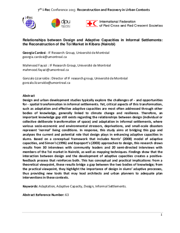 (PDF) Relationships between Design and Adaptive Capacities in Informal Settlements: the ...