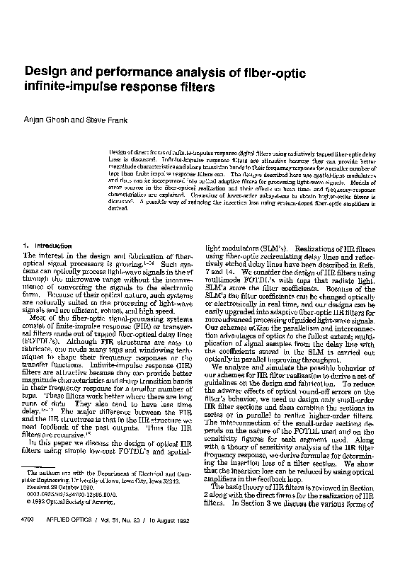(PDF) Design and performance analysis of fiber-optic infinite-impulse response filters