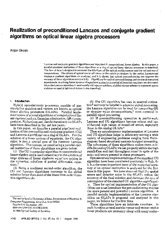Pdf Realization Of Preconditioned Lanczos And Conjugate Gradient Algorithms On Optical Linear
