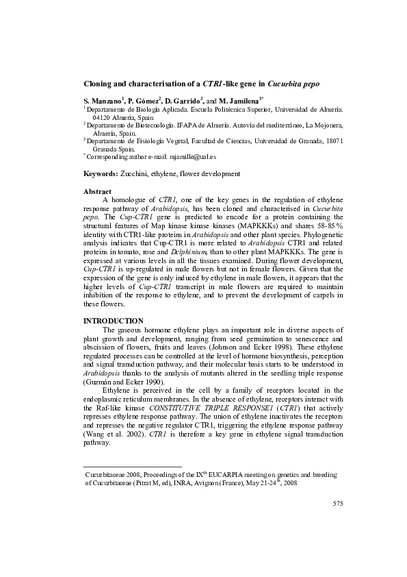(PDF) Cloning and characterisation of a CTR1-like gene in Cucurbita pepo1