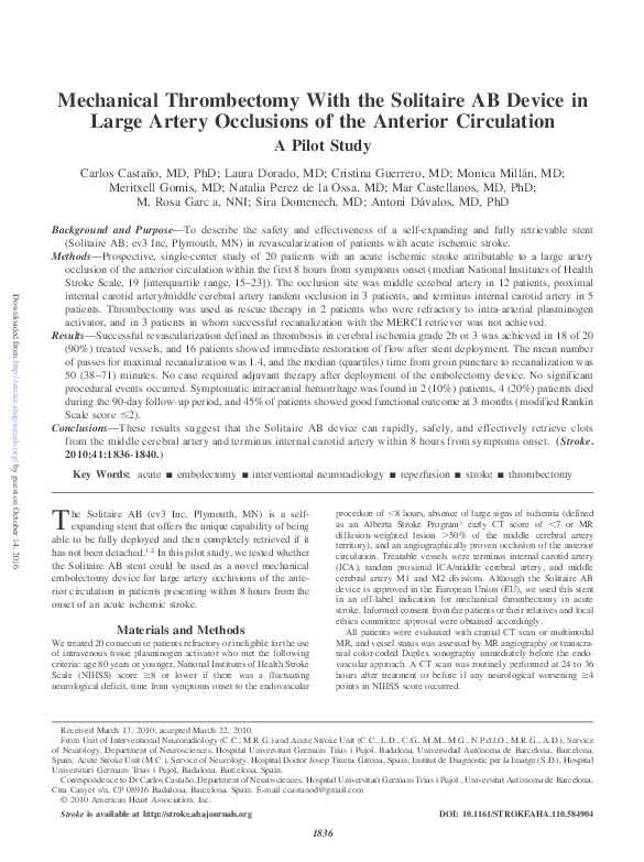 (PDF) Mechanical Thrombectomy With the Solitaire AB Device in Large ...
