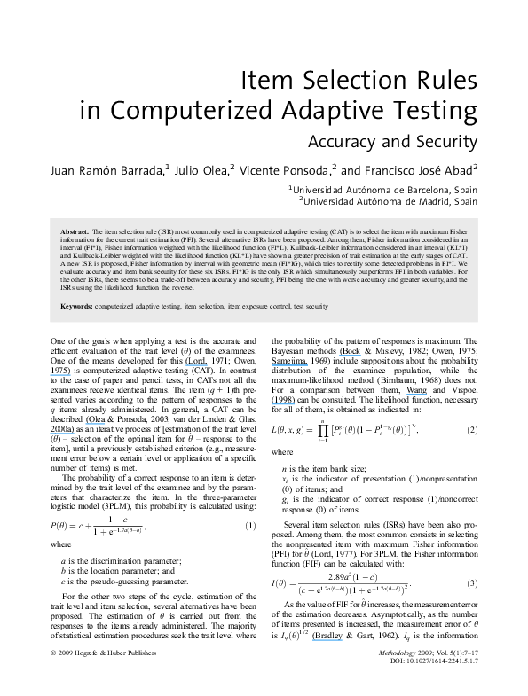 Pdf Item Selection Rules In Computerized Adaptive Testing Accuracy And Security