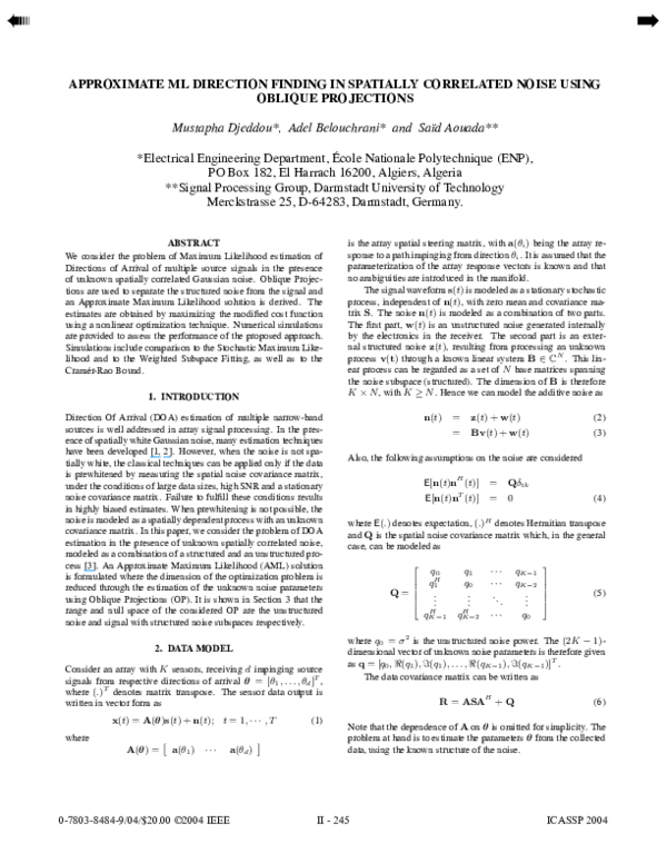 Pdf Approximate Ml Direction Finding In Spatially Correlated Noise