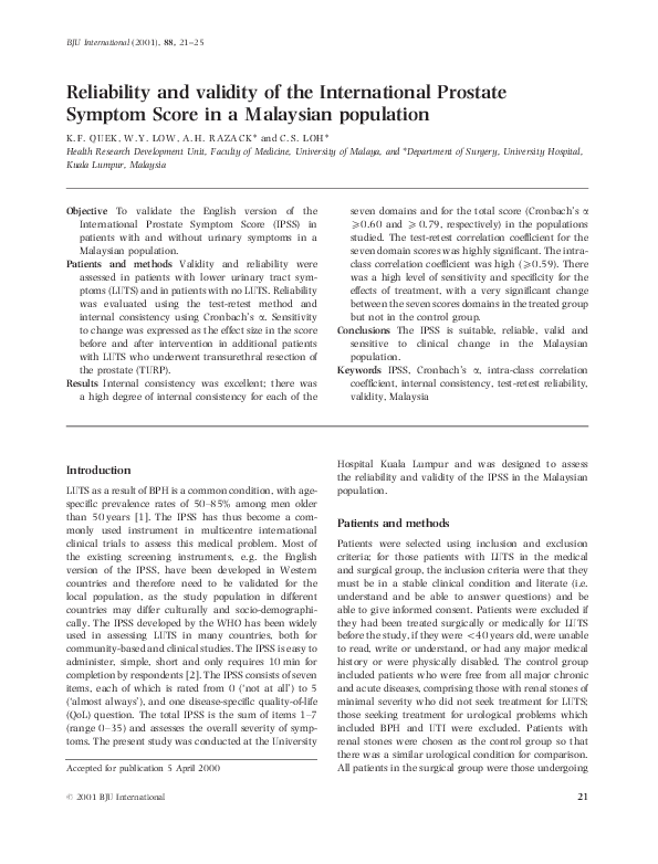 (PDF) Reliability and validity of the International Prostate Symptom ...