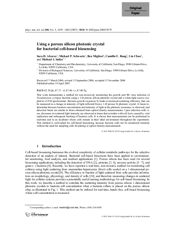 (PDF) Using a porous silicon photonic crystal for bacterial cell-based biosensing