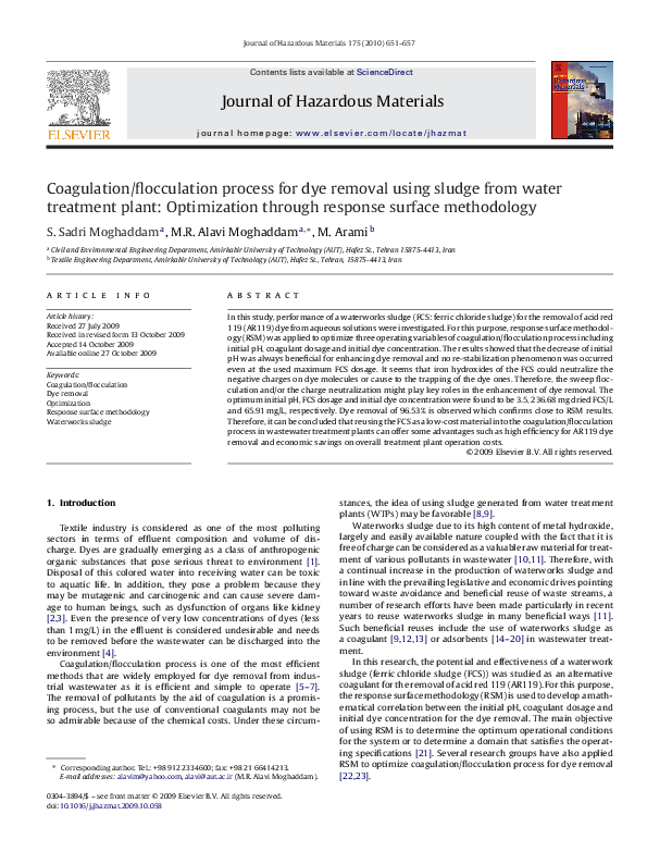 (PDF) Coagulation/flocculation process for dye removal using sludge from water treatment plant ...