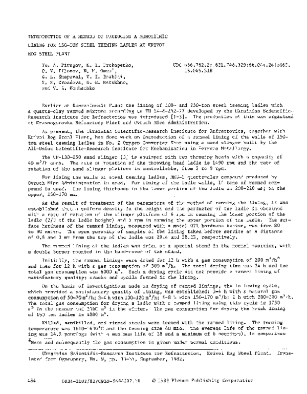 (PDF) Introduction of a method of producing a monolithic lining for 150 ...