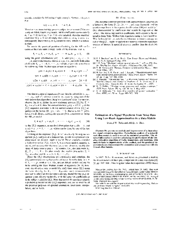 Pdf Estimation Of A Signal Waveform From Noisy Data Using Low Rank Approximation To A Data