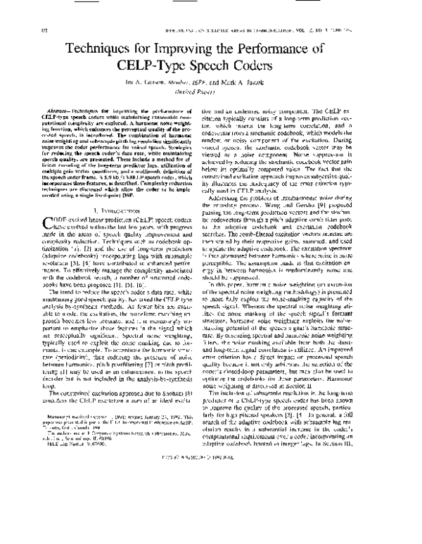 Pdf Techniques For Improving The Performance Of Celp Type Speech Coders