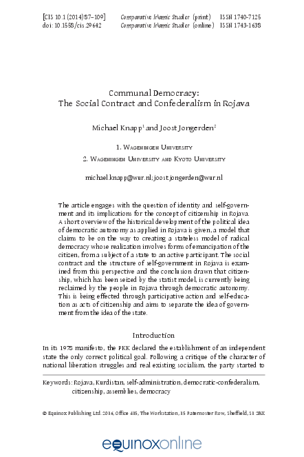 (PDF) Communal Democracy: The Social Contract and Confederalism in Rojava