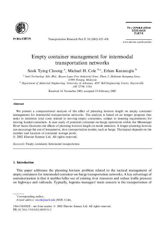 (PDF) Empty container management for intermodal transportation networks