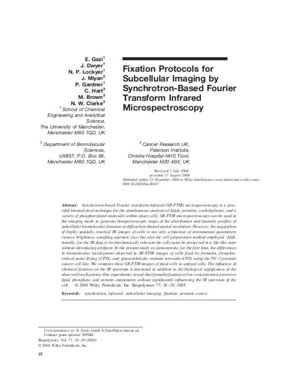 Pdf Fixation Protocols For Subcellular Imaging By Synchrotron Based Fourier Transform Infrared