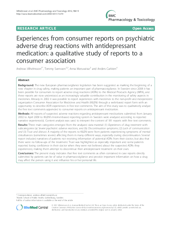 (PDF) Experiences from consumer reports on psychiatric adverse drug ...