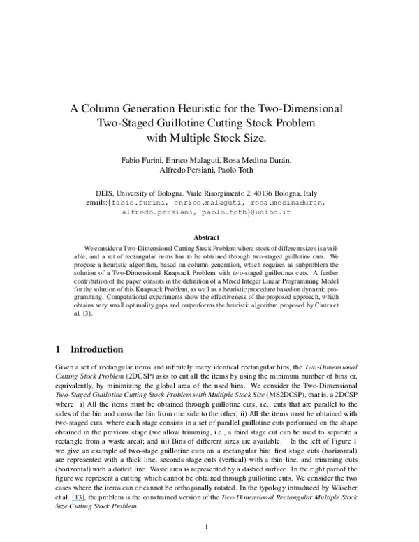 Pdf A Column Generation Heuristic For The Two Dimensional Two Staged