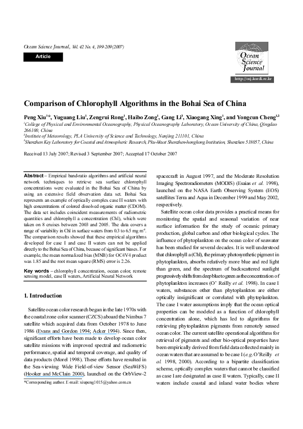 Pdf Comparison Of Chlorophyll Algorithms In The Bohai Sea Of China