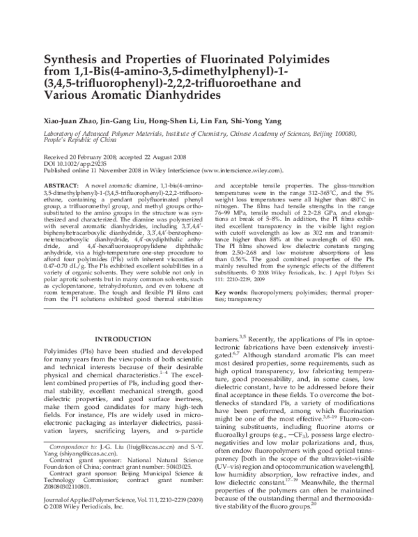 (PDF) Synthesis and properties of fluorinated polyimides. 3. Derived ...