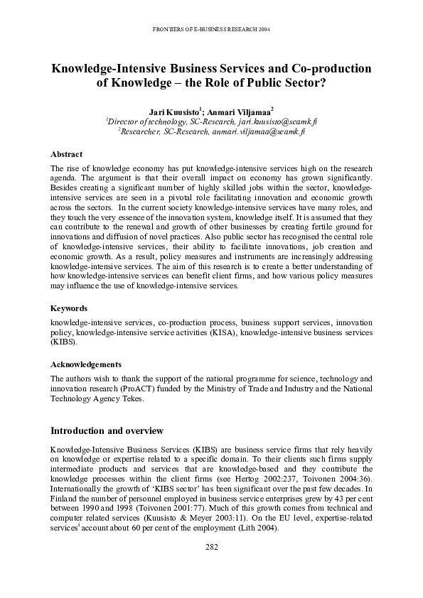 (PDF) Knowledge-Intensive Business Services and Co-production of Knowledge - the Role of Public ...
