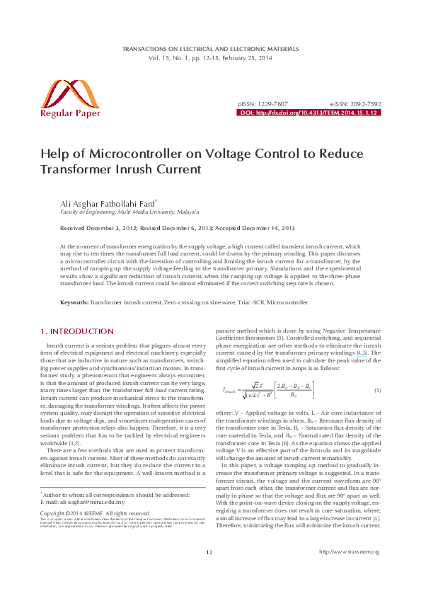 (PDF) Help of Microcontroller on Voltage Control to Reduce Transformer Inrush Current