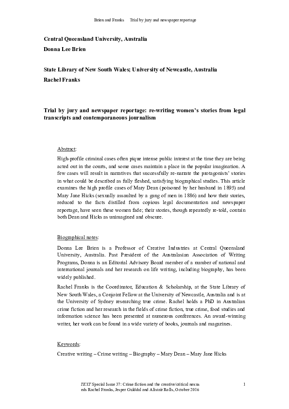 (PDF) (Donna Lee Brien and Rachel Franks) Trial by Jury and Newspaper ...