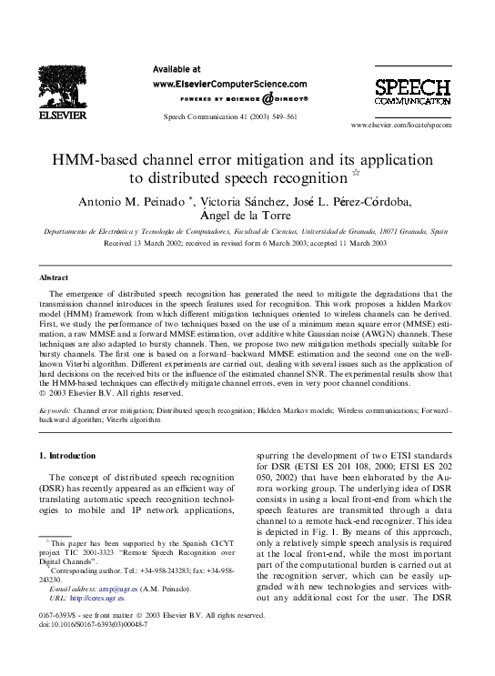 (PDF) HMM-based channel error mitigation and its application to distributed speech recognition