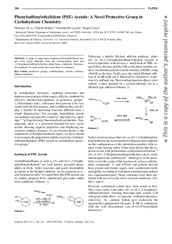 (PDF) Phenylsulfonylethylidene (PSE) Acetals: A Novel Protective Group in Carbohydrate Chemistry