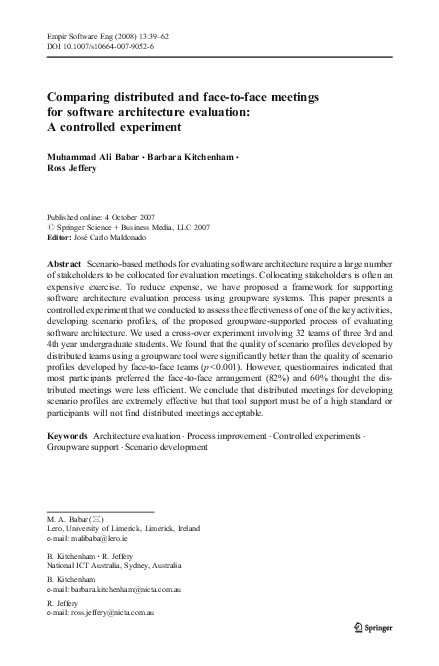 (PDF) Comparing distributed and face-to-face meetings for software architecture evaluation: A ...