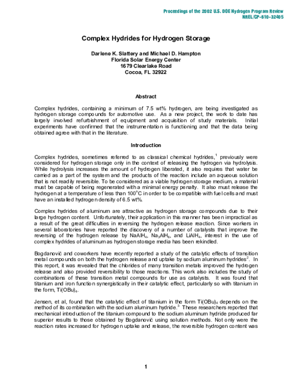 (PDF) Complex Hydrides for Hydrogen Storage