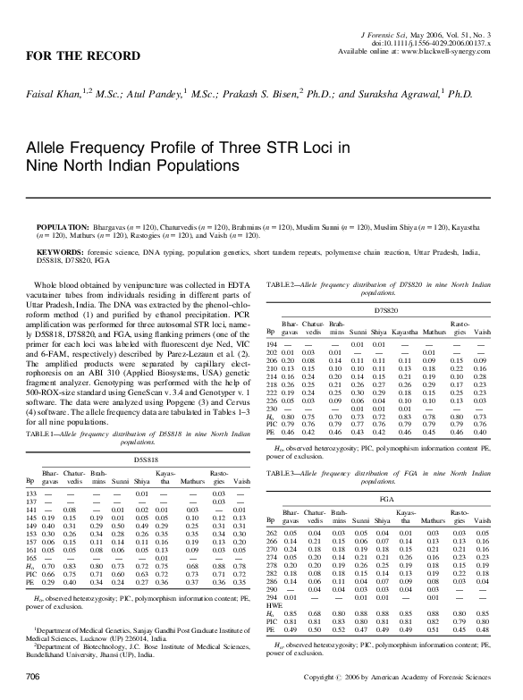 (PDF) Allele Frequency Profile of Three STR Loci in Nine North Indian ...