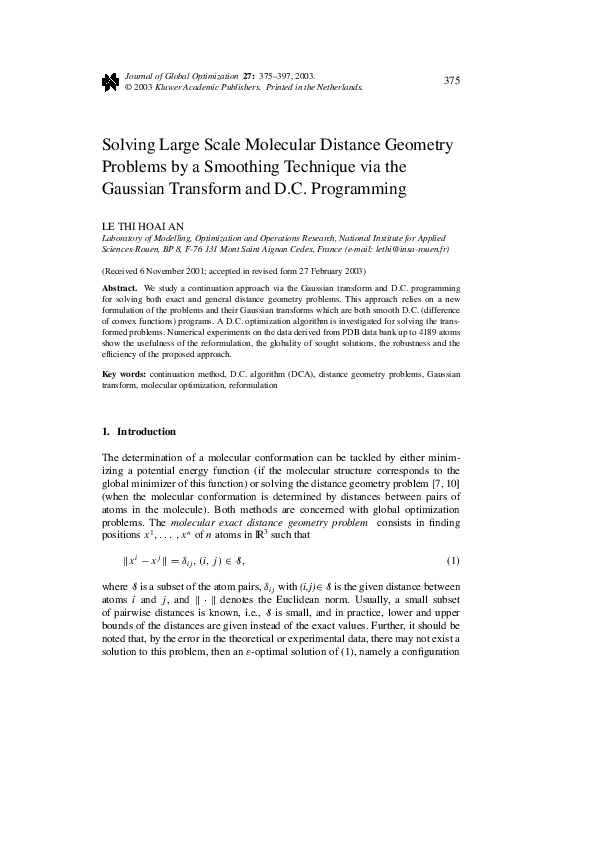 (PDF) Solving large scale Molecular distance geometry problem by a smoothing technique via the ...