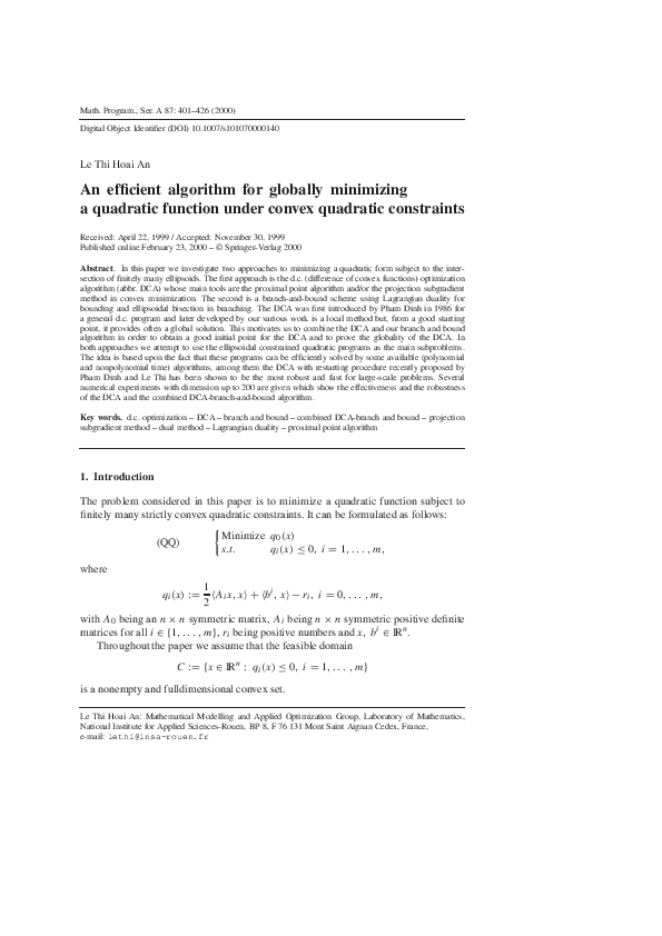 Pdf An Efficient Algorithm For Globally Minimizing A Quadratic Function Under Convex Quadratic
