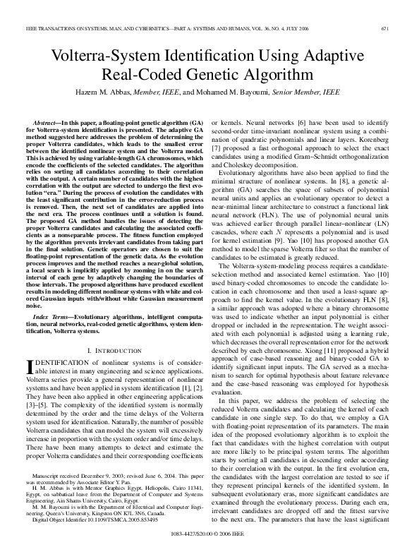 (PDF) Volterra-system identification using adaptive real-coded genetic algorithm | Hazem Abbas ...