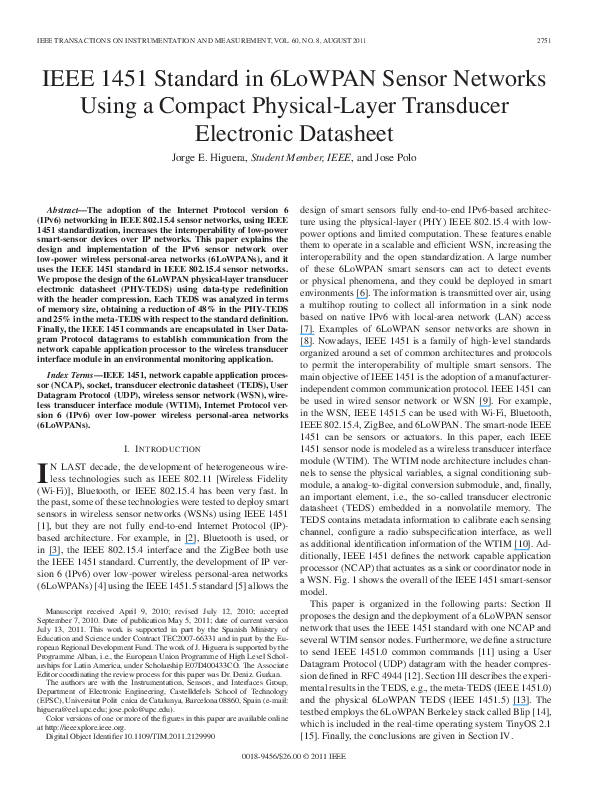 (PDF) IEEE 1451 Standard in 6LoWPAN Sensor Networks Using a Compact Physical-Layer Transducer ...