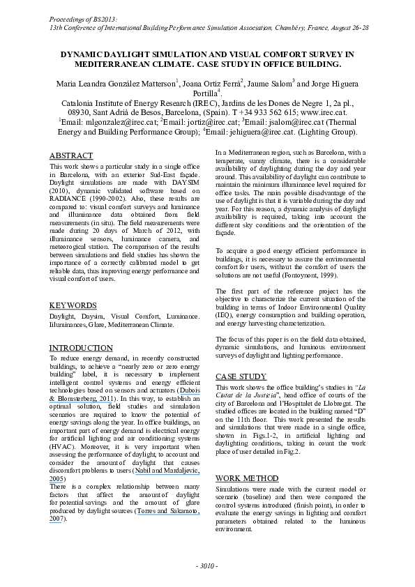 (PDF) Dynamic Daylight Simulation and Visual Comfort Survey in Mediterranean Climate. Case Study ...