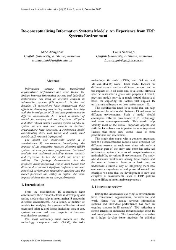 (PDF) Re-conceptualizing Information Systems Models: An Experience from ...