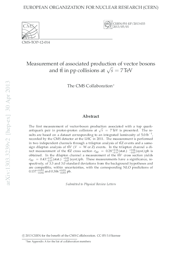 (PDF) Measurement of associated production of vector bosons and top quark-antiquark pairs in pp ...