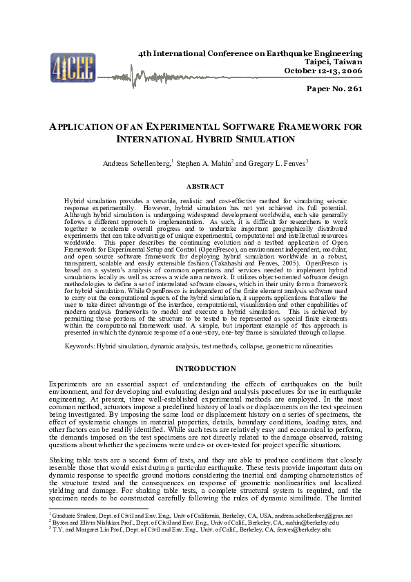 (PDF) Application of an Experimental Software Framework for International Hybrid Simulation