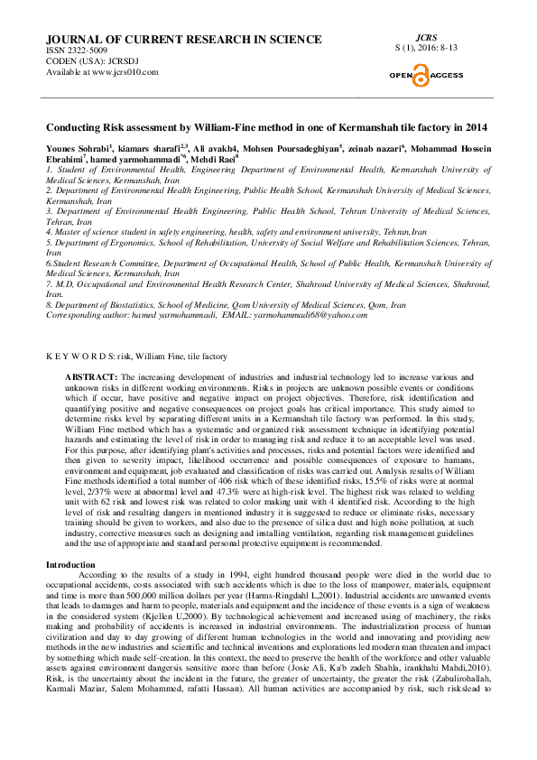 (PDF) Conducting Risk assessment by William-Fine method in one of ...