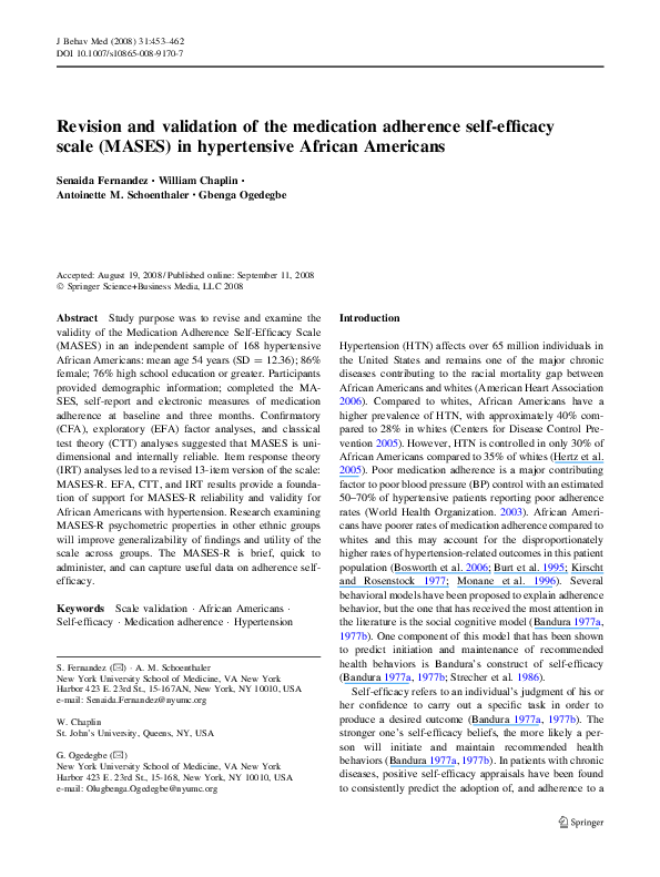 (PDF) Revision and validation of the medication adherence self-efficacy ...