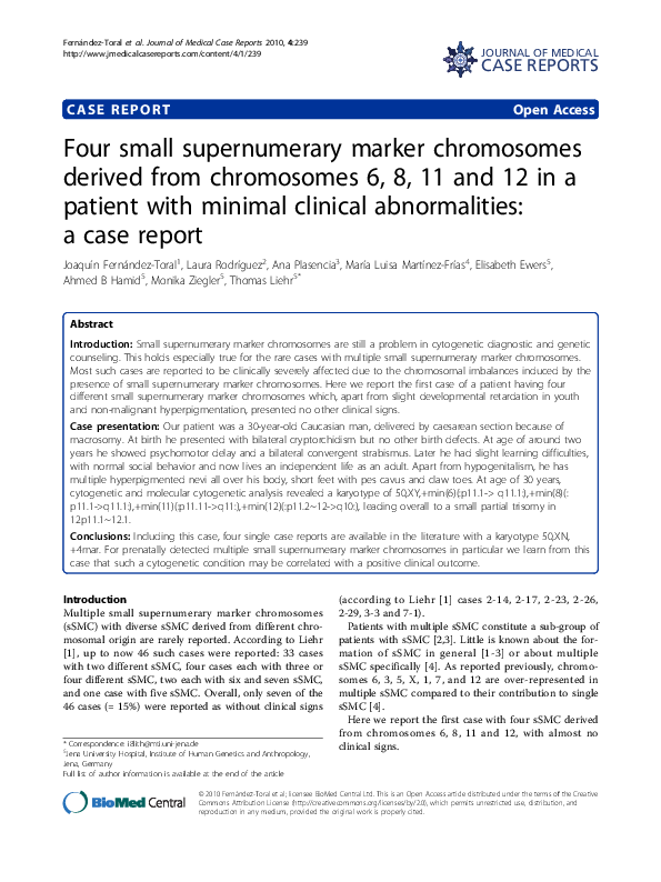 (PDF) Four small supernumerary marker chromosomes derived from chromosomes 6, 8, 11 and 12 in a ...