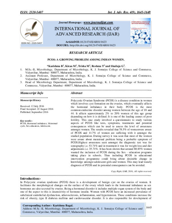 (PDF) PCOS: A GROWING PROBLEM AMONG INDIAN WOMEN. INTERNATIONAL JOURNAL ...