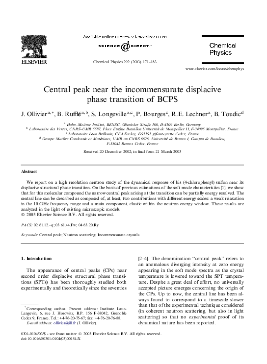 (PDF) Central peak near the incommensurate displacive phase transition of BCPS