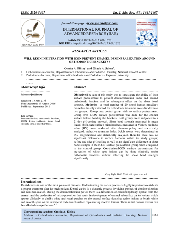 (PDF) WILL RESIN INFILTRATION WITH ICON PREVENT ENAMEL DEMINERALIZATION ...