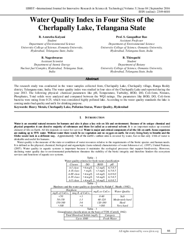 (PDF) Water Quality Index in Four Sites of the Cherlapally Lake ...