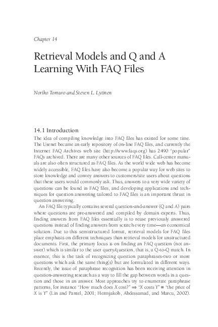 (PDF) Retrieval Models and Q and A Learning with FAQ Files