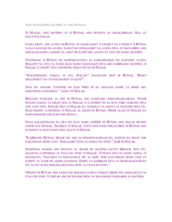 (DOC) Ang matalinong matsing at ang buwaya