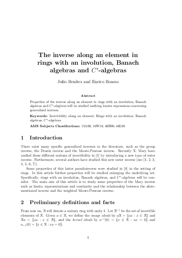 (PDF) The inverse along an element in rings with an involution, Banach ...