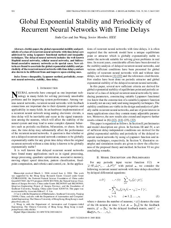 (PDF) Global exponential stability and periodicity of recurrent neural networks with time delays