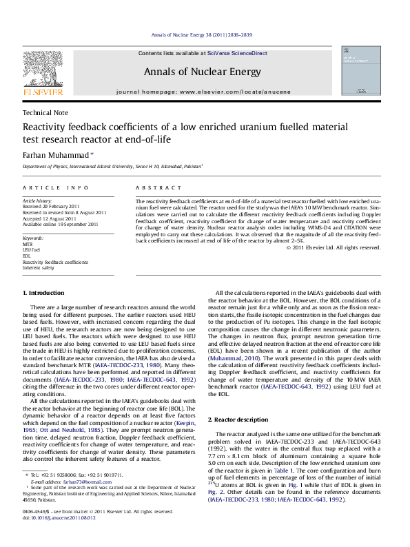 (PDF) Reactivity feedback coefficients of a low enriched uranium ...
