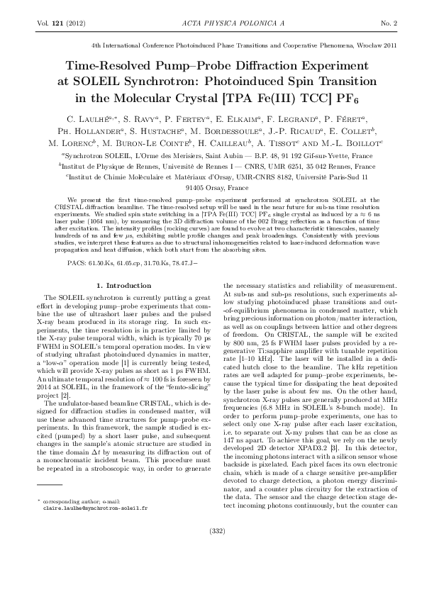 (PDF) Time-Resolved Pump-Probe Diffraction Experiment at SOLEIL ...